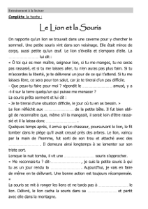 Texte à trous CE2 ♦ Le lion et la souris ~ Cartable d'une maitresse